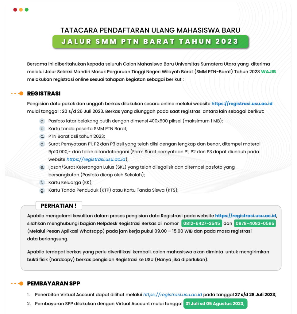 Tata cara pendaftaran ulang SMM Barat – Penerimaan Mahasiswa USU